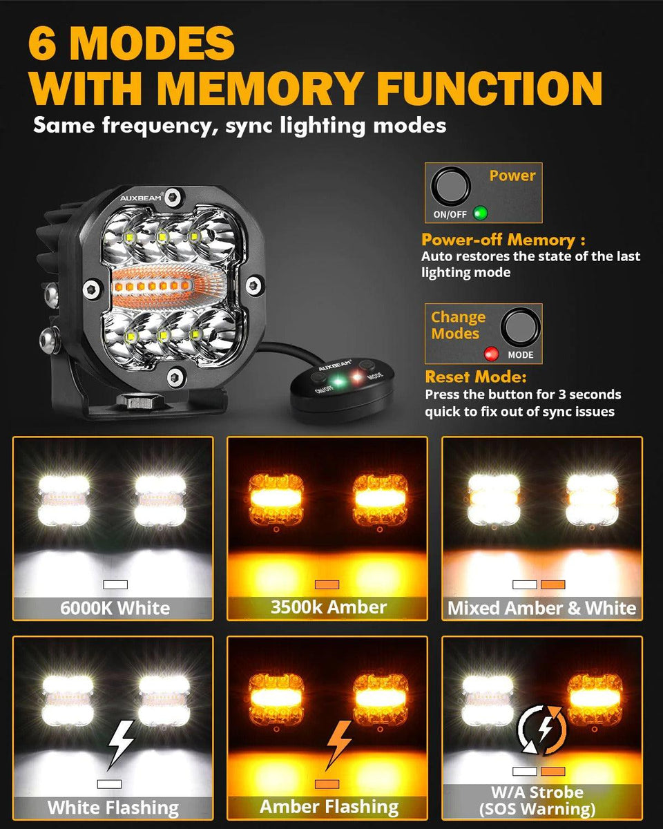 3 Inch 96W 6 Modes White & Amber Flashing LED Pod Lights